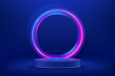 추상적인 반짝이는 파란색 실린더 받침대 연단 원형 빛나는 네온 조명공상 과학 블루 추상적 룸 개념 벡터 렌더링 3d 모양 제품 표시 프리젠 테이션 미래지향적인 벽 장면 배경
