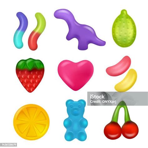 젤리 사탕 재미있는 형태의 젤라틴 맛있는 제품 물고기 구미 곰 체리 괜찮은 벡터 아이들을위한 간식의 현실적인 사진 맛있는 사탕