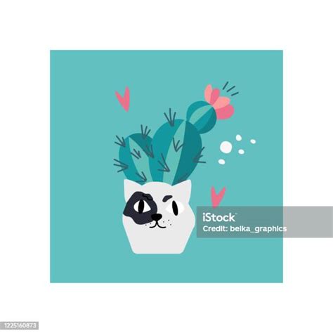 스칸디나비아 스타일의 가정 선인장과 흰색 고양이의 모양의 꽃 냄비 독특한 손으로 그린 보육 포스터입니다 현대 벡터 그림입니다 가축에 대한 스톡 벡터 아트 및 기타 이미지