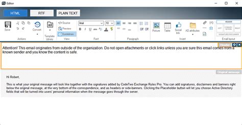 how to add a warning message to emails from external addresses