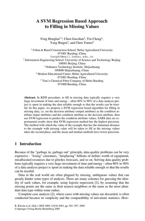Pdf A Svm Regression Based Approach To Filling In Missing Values