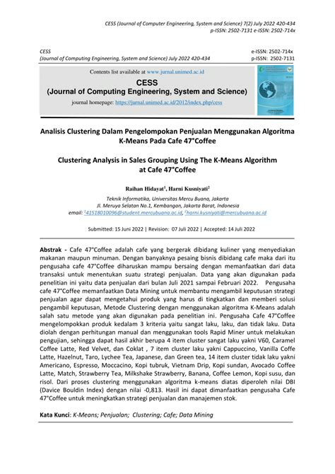 Pdf Clustering Analysis In Sales Grouping Using The K Means Algorithm At Cafe 47°coffee