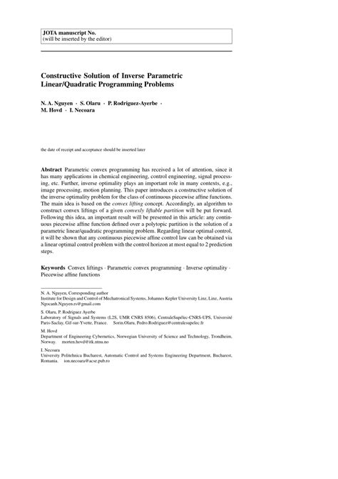 Pdf Constructive Solution Of Inverse Parametric Linearquadratic Programming Problems