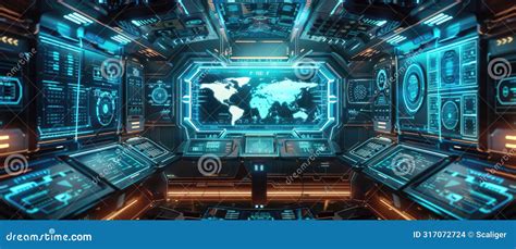 Interior Of Futuristic Command Center Control Room Of Spy Base Or Spaceship With Digital
