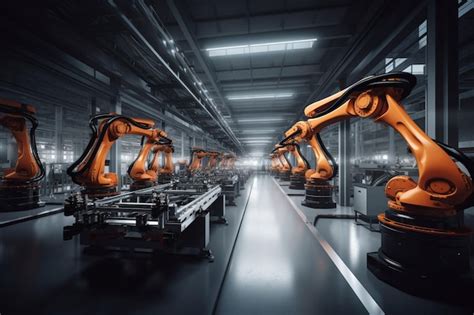 Premium Ai Image Automated Robot Arm Assembly Line Producing High Tech Electric Vehicles