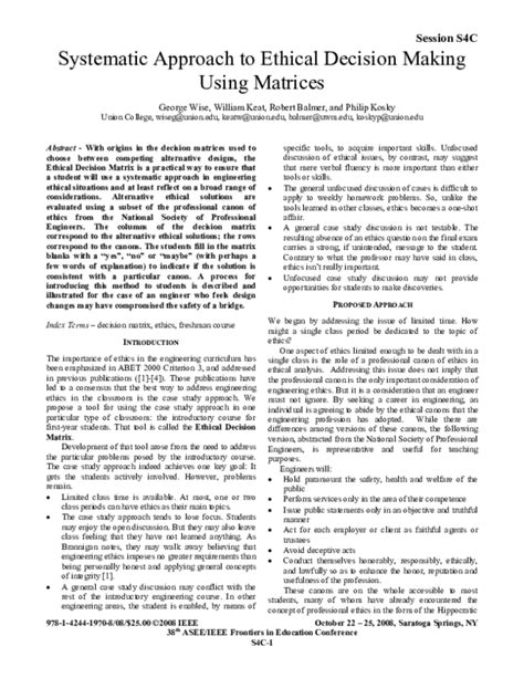 Pdf Systematic Approach To Ethical Decision Making Using Matrices