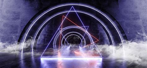 연기 네온 빛나는 미래 공상 과학 소설 자주색 파란 레이저 단계 빈 갱도 복도 사려깊은 구체적인 그런 지 타원형 아크 외계인