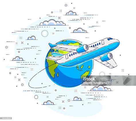 구름에 둘러싸인 하늘에서 지구 행성 비행기 정기 여객기 항공사 항공 여행 그림 아름 다운 얇은 라인 벡터 흰색 배경에 고립입니다 3차원 형태에 대한 스톡 벡터 아트 및 기타