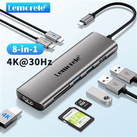 Lemorele TC38 USB C Hub 8 In 1 Adapter Ultra Thin Aluminum Shell 4K HDMI 3 USB A PD 100W SD TF