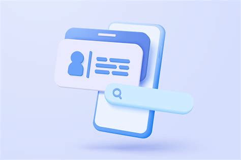 휴대 전화에서 연구 정보를위한 검색 창 또는 돋보기가있는 3d 명함 아이콘 개인 배지 신원 프로필 직원 회사가 있는 카드 3d 돋보기 아이콘 벡터 렌더링 그림 3차원 형태에