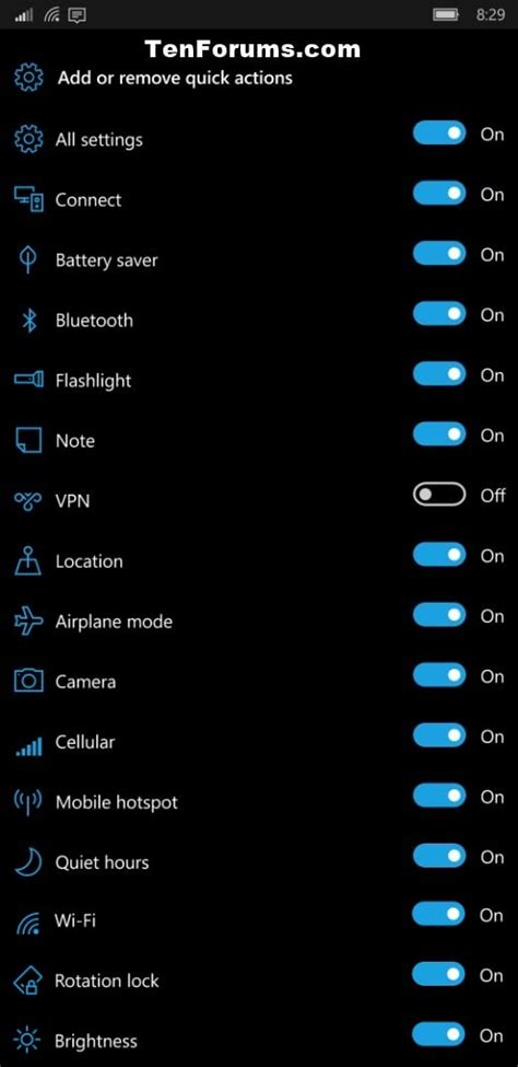 Action Center Quick Actions Add Or Remove In Windows 10 Mobile