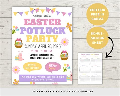 Editable Easter Potluck Invitation Easter Sunday Church Flyer Easter