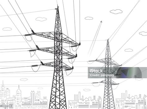 고전압 전송 시스템 전기 기둥 전력선 상호 연결된 전기 네트워크 도시 장면 흰색 바탕에 검은 오틀라인 벡터 디자인 그림 송신탑에