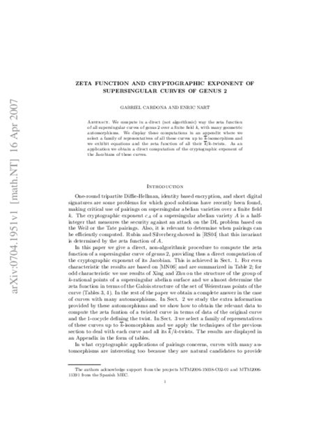Pdf Zeta Function And Cryptographic Exponent Of Supersingular Curves Of Genus 2
