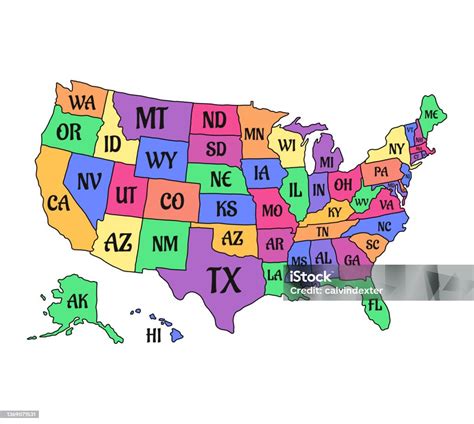 Usa Map Short State Names Stock Illustration Download Image Now