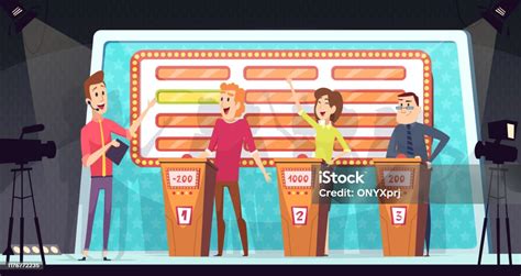 퀴즈 Tv 쇼 세 선수와 스마트 경쟁 질문 엔터테인먼트 토너먼트 텔레비전 게임 벡터 배경에 대답 경기 스포츠에 대한 스톡 벡터 아트 및 기타 이미지 Istock