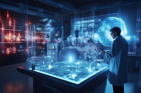 Premium Photo Futuristic Laboratory With Holographic Displays Generative Ai