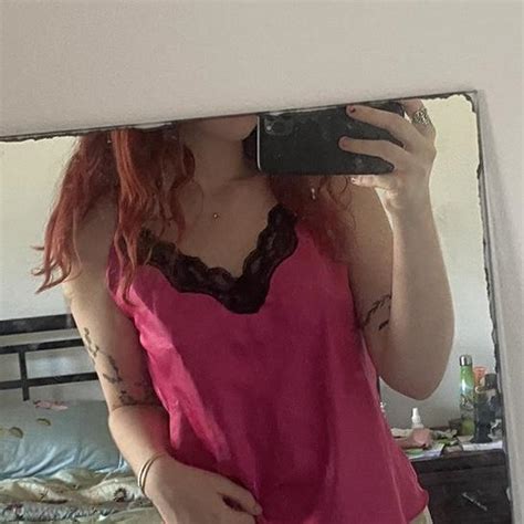 Hot Pink W Black Lace Y2k Satin Slip Cami Size 810 Depop