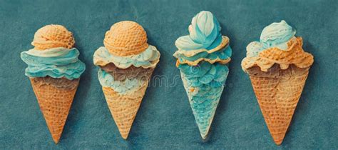 Ai Generated Four Ice Cream Cones On Blue Background Color Illustration Stock Illustration