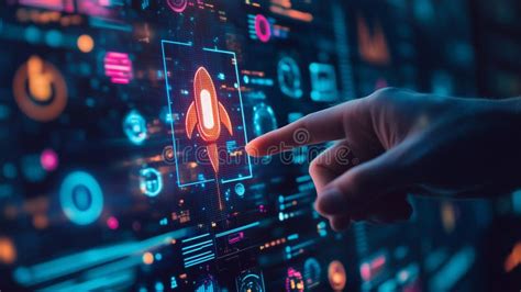 Hand Interacting With A Digital Interface Featuring A Rocket Launch Icon Symbolizing Business Hand Interacting With A Digital Interface Featuring A Rocket Launch Icon Symbolizing Business