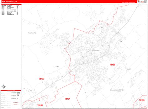 New Braunfels Texas Zip Code Wall Map Red Line Style By Marketmaps Mapsales