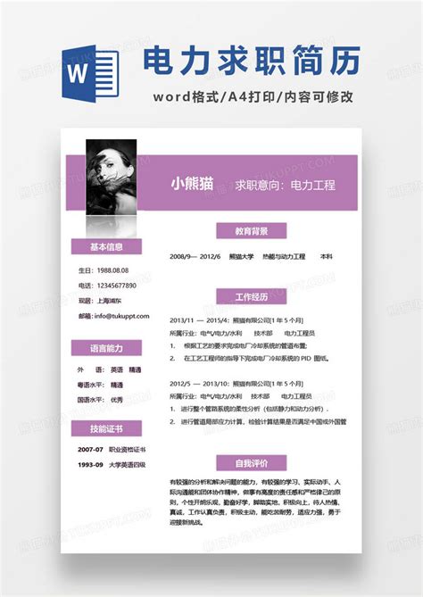 电力系统工程师求职简历Word模板下载 熊猫办公