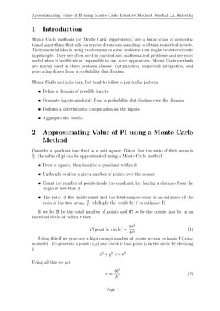 Approximating Value of pi Π using Monte Carlo Iterative Method PDF Physics Science