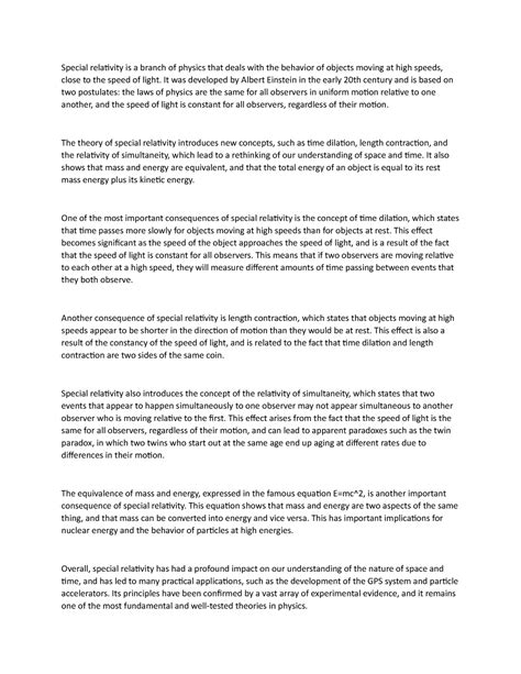 Special Relativity Is A Branch Of Physics That Deals With The Behavior Of Objects Moving At High