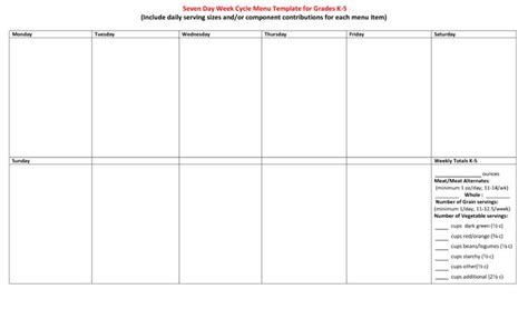 Cycle Menu Template K And Seven Day With Menu Chart Template