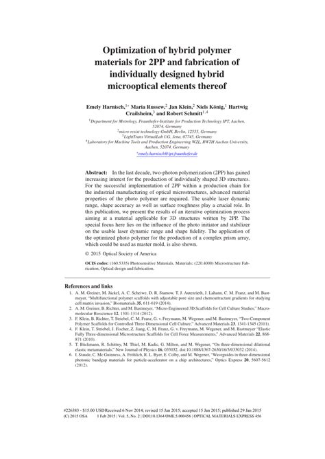 Pdf Optimization Of Hybrid Polymer Materials For 2pp And Fabrication Of Individually Designed