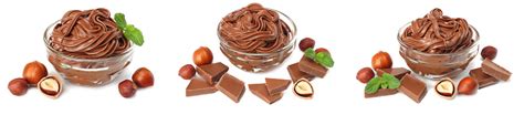 흰색 배경에 고립 된 헤 즐 넛와 초콜릿 크림입니다 유리 그릇에 크림입니다 초콜릿 크림 컬렉션입니다 설정 합니다 커스터드에 대한 스톡 사진 및 기타 이미지 Istock