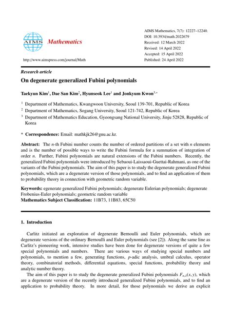 Pdf On Degenerate Generalized Fubini Polynomials