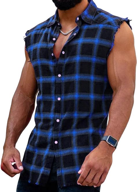 Mens Sleeveless Flannel Plaid Shirts Casual Button Down Cowboy Vest Shirts