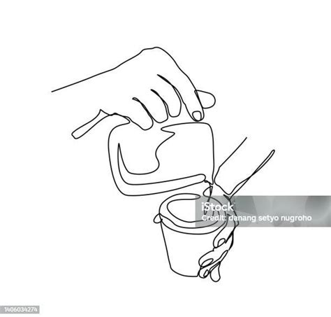 머그잔에 커피를 붓는 손의 연속 선 그리기 적극적인 스트로크를 가진 커피 라떼 아트 라인아트 손으로 그린 미니멀리즘 스타일 낙서