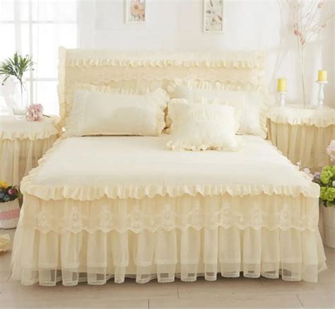 Beige Princess Lace Bedspread Bed Skirt 13pcs Ruffles Bedding Bed
