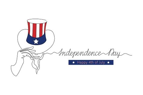 7 월 4 일 독립 기념일 인사말 카드가 한 줄로 그려져 있습니다 실루엣 엉클 샘 상징 휴일 텍스트 스케치 손으로 그린 벡터