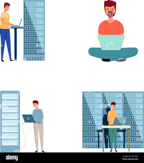 It Administrator Icons Set Cartoon Vector Sysadmin Adjusting Network Connection Service
