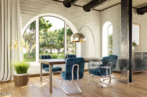 아치형 창문과 풍경 전망을 즐길 수 있는 고급스러운 로프트 아파트 고귀한 식당 인테리어 디자인 모형 3d 그림 0명에 대한 스톡 사진 및 기타 이미지 Istock