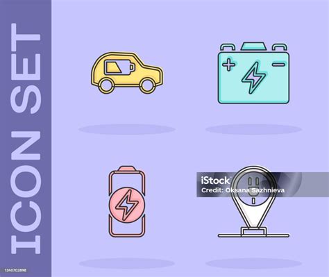 충전 주차 전기차 전기 배터리 충전 및 자동차 배터리 아이콘을 설정합니다 벡터 가득 찬에 대한 스톡 벡터 아트 및 기타 이미지