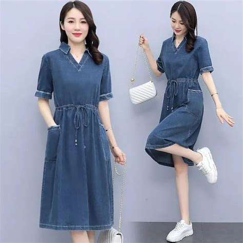 한국 캐주얼 반팔 데님 드레스 여성용 미드 롱 진 레트로 허리 카우보이 드레스 2023 여름 신상품 Aliexpress