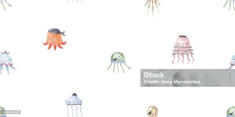 상어 물고기 및 해파리와 원활한 패턴 귀여운 베이비 프린트 직물 장식 및 종이를 위한 디자인 수중 세계 물고기 고래 상어 돌고래