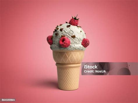 컬러 배경에서 와플 컵 3d 렌더링에 초콜릿 부스러기와 라스베리 아이스크림 아이스크림에 대한 스톡 사진 및 기타 이미지 아이스크림 3차원 형태 컷아웃 Istock