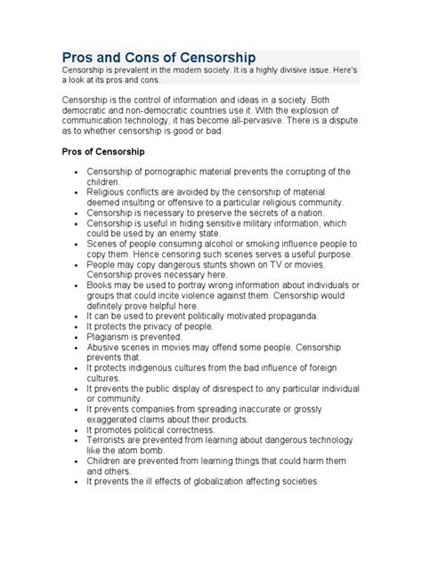 Pros And Cons Of Censorship Pdf Censorship Violence