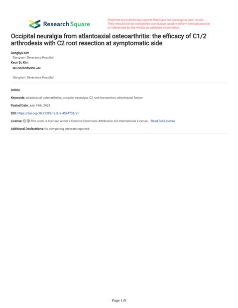 Pdf Occipital Neuralgia From Atlantoaxial Osteoarthritis The Efficacy Of C1 2 Arthrodesis