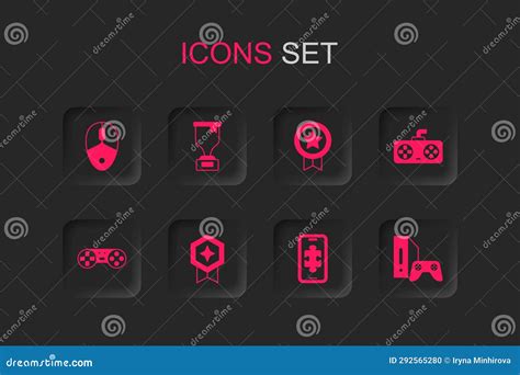 Set Game Rating With Medal Award Cup Computer Mouse Mobile Gaming Controller Or Joystick