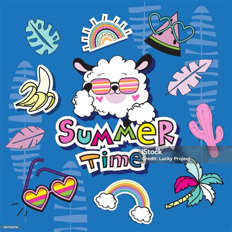귀여운 라마와 안경과 파란색 배경에 비문 여름 시간 패션 패치 배지 인사하기에 대한 스톡 벡터 아트 및 기타 이미지 인사하기 귀여운 낙서 드로잉 Istock
