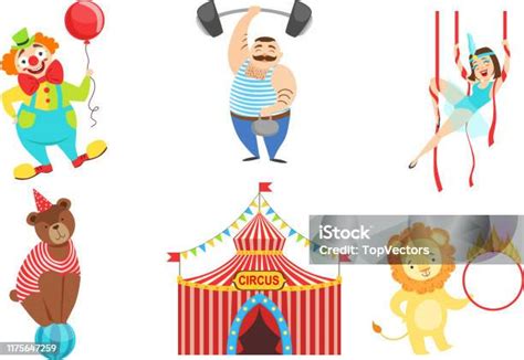 Set Karakter Pemain Sirkus Strongman Pesenam Udara Badut Singa Sirkus Dan Ilustrasi Vektor