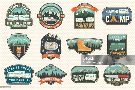 Rv 캠핑 배지 패치 세트 벡터 셔츠 또는 로고 인쇄 스탬프 또는 티셔츠에 대한 개념 Rv 모터홈 캠핑 트레일러 및 오프로드