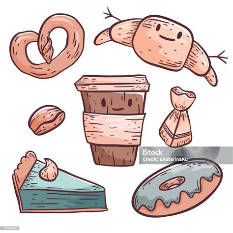 귀여운 벡터 낙서 일러스트레이션 흰색 배경의 격리된 개체입니다 플라스틱 컵과 페이스트리 도넛 크루아상 프레첼 케이크와 사탕 조각을 마시며 커피 디자인 요소 0명에 대한 스톡