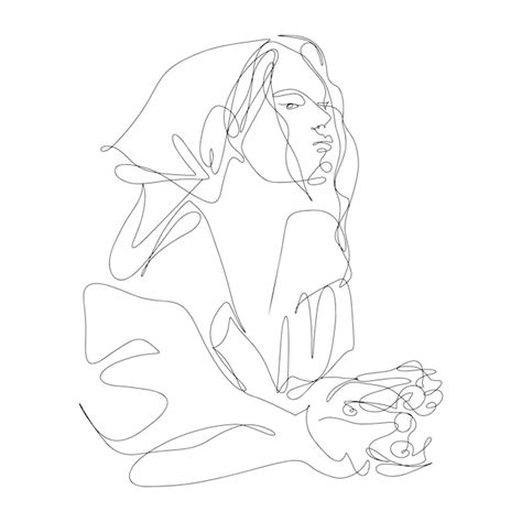 손으로 그려진 한 줄의 미술 일러스트레이션 여성 얼굴 연속적인 선 그림 프리미엄 벡터